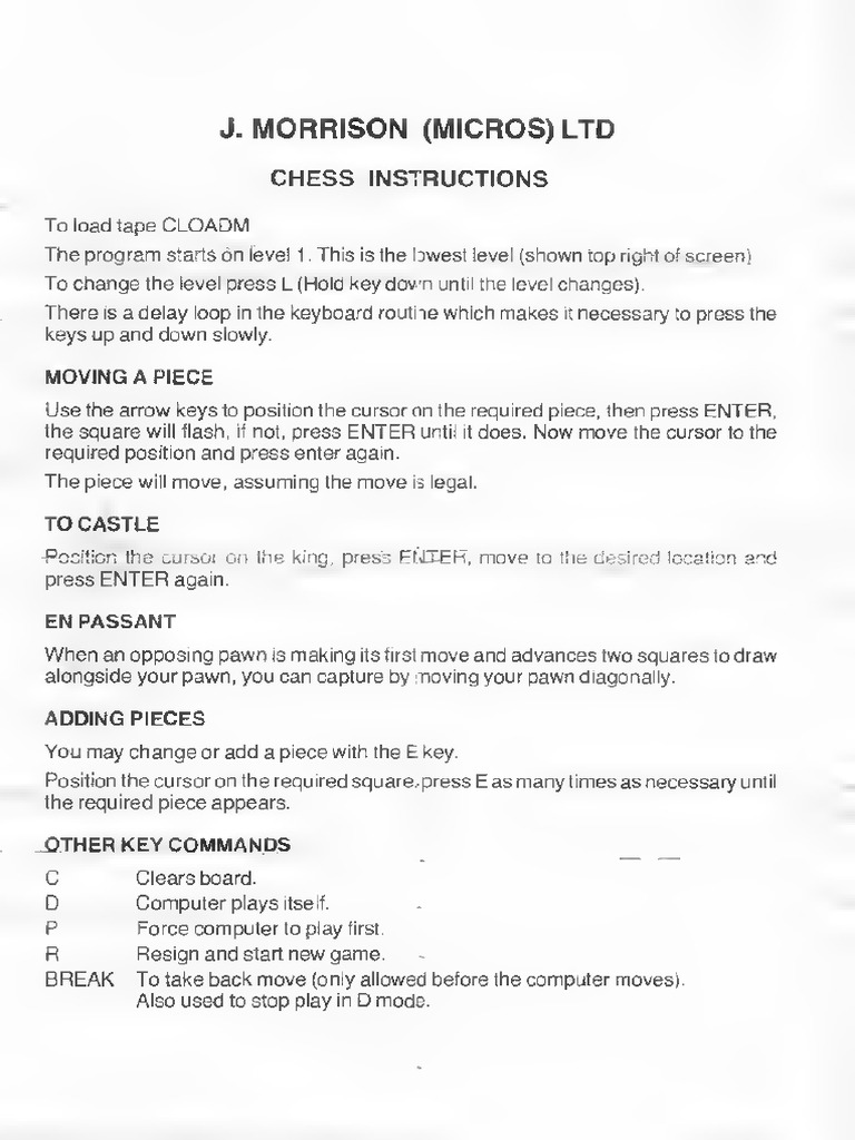 Chess Game Instructions for Micros | PDF