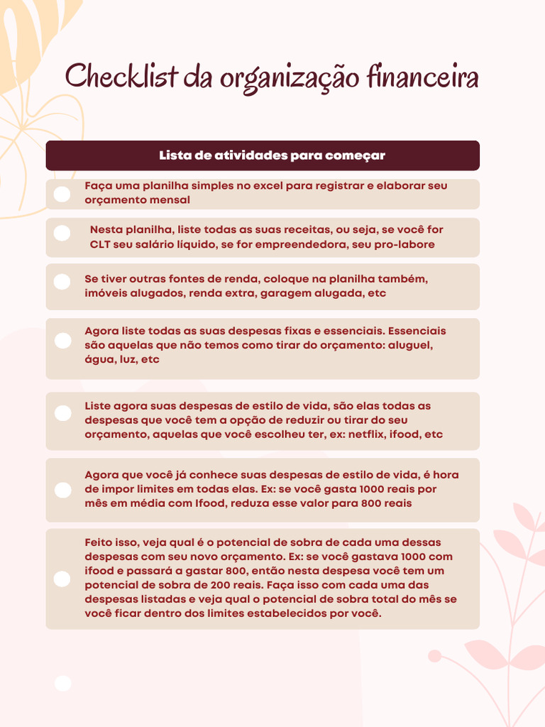 Checklist Organização Financeira | PDF | Orçamento | Dinheiro