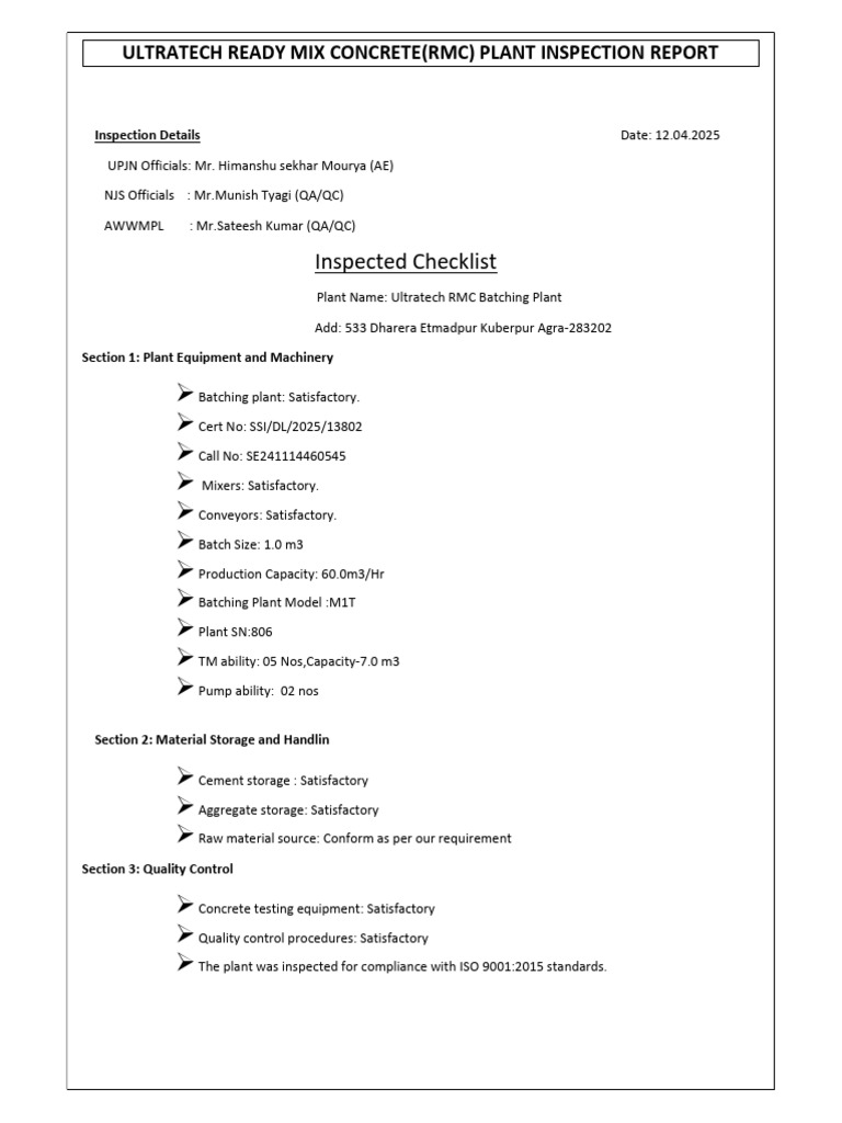 Ultratech RMC Plant Visit Report | PDF