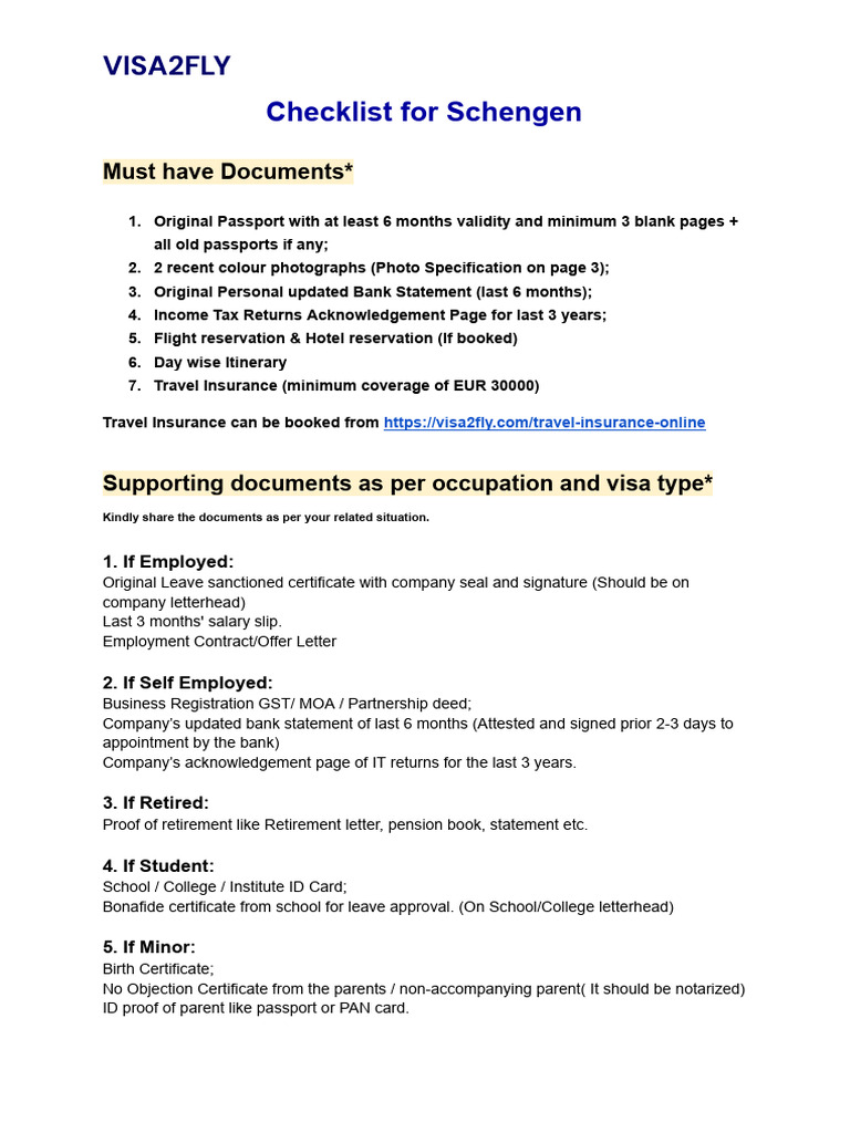 Schengen General Checklist | PDF | Travel Visa | Passport