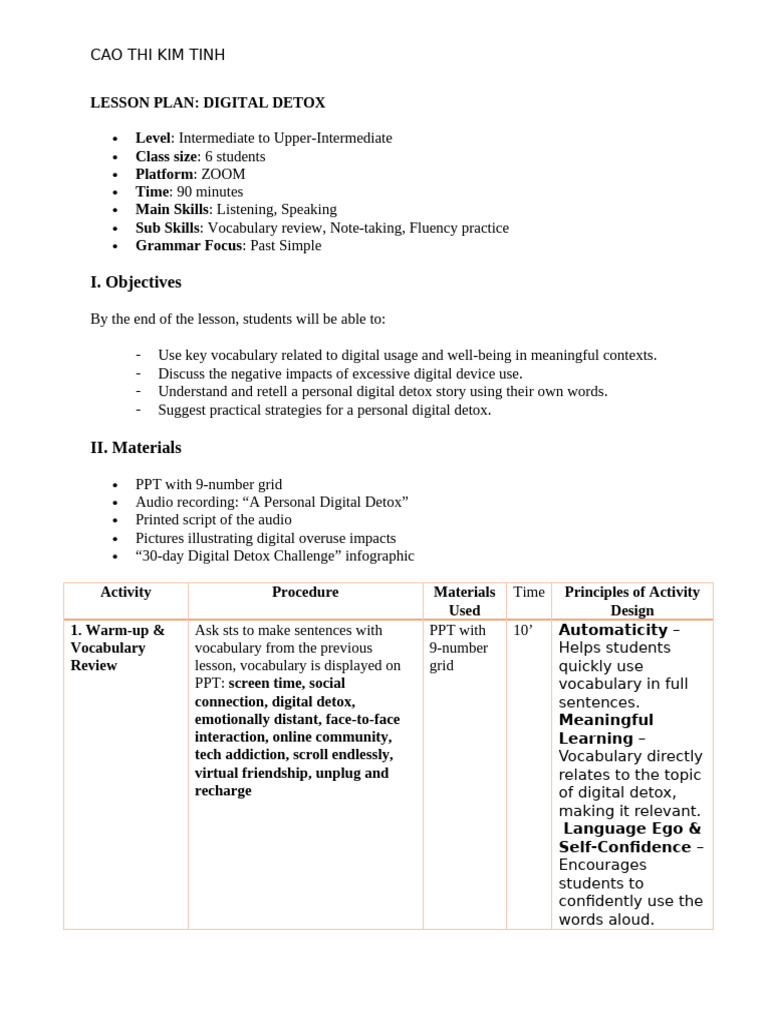 Digital Detox ESL Lesson Plan | PDF | Vocabulary | Motivation