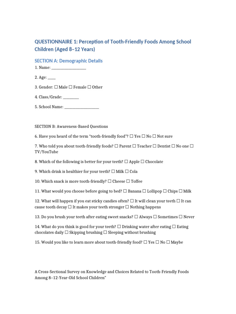Tooth Friendly Food Questionnaire | PDF