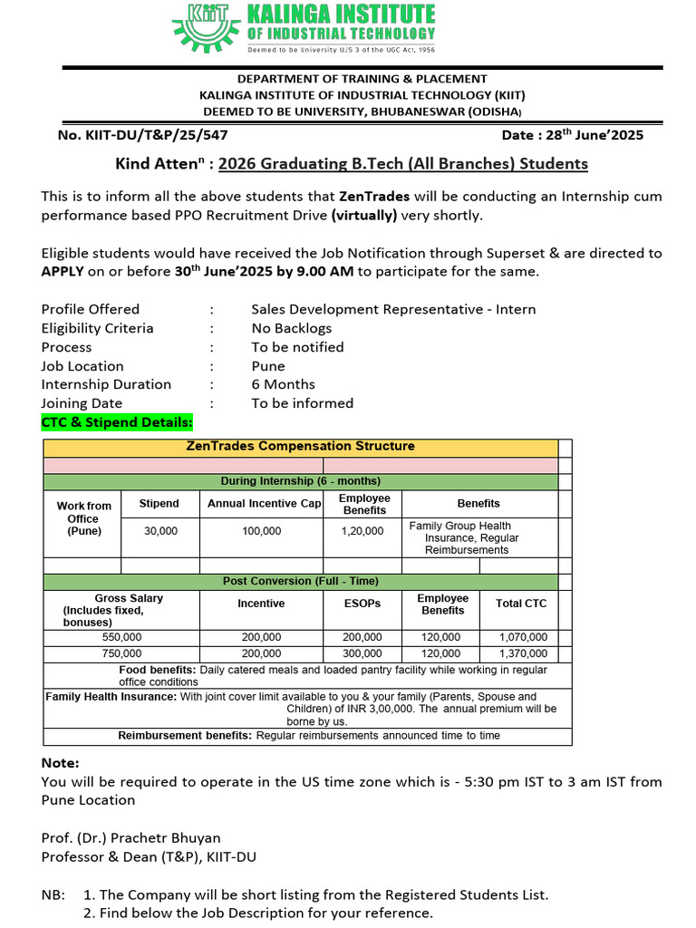 Registration For ZenTrades Internship Cum PPO Recruitment Drive - 2026 Graduating Batch | PDF ...