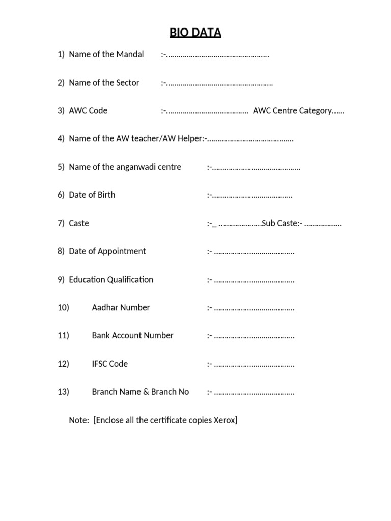Anganwadi Teacher Bio Data Form | PDF