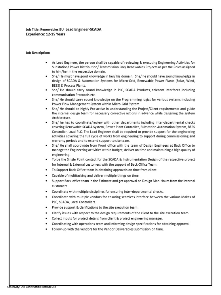 Lead SCADA Engineer Job Overview | PDF | Scada | Programmable Logic ...