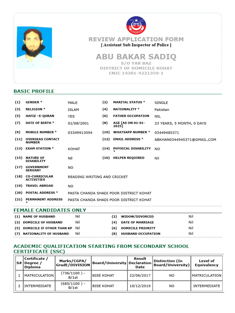 Review Application Form - KP PSC Online Application System | PDF