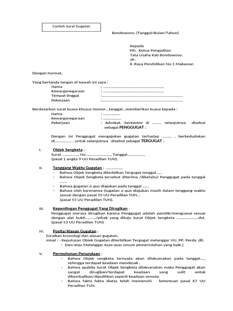 Contoh Surat Gugatan TUN Singkat | PDF