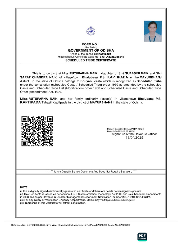 Schedule Tribe Certificate. | PDF