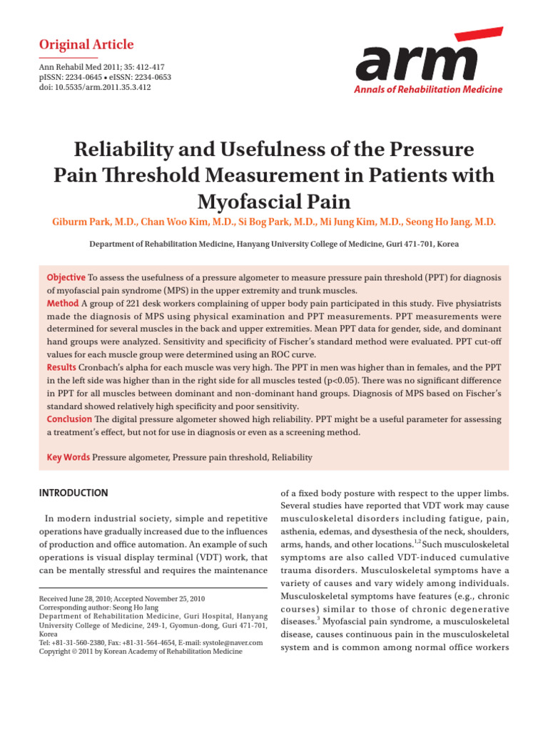 Reliability and Usefulness of The Pressure Pain Threshold Measurement ...