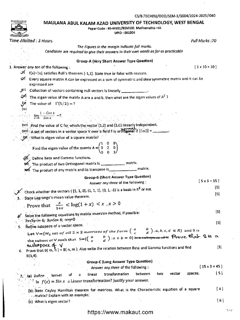Btech 1 Sem Mathematics 1a Bs m101 2025 | PDF