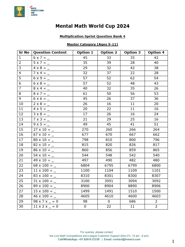 7-Master Sprint Multiplication Question Bank 4-MMWC 2024 | PDF