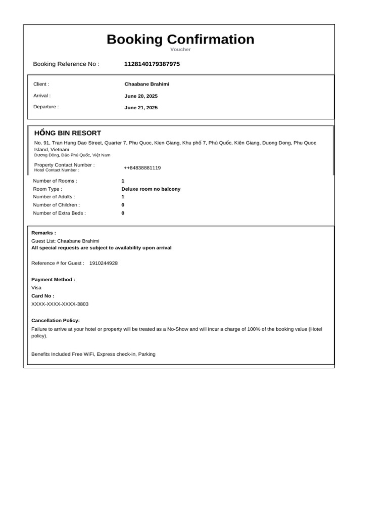 Booking Confirmation for Hồng Bin Resort | PDF