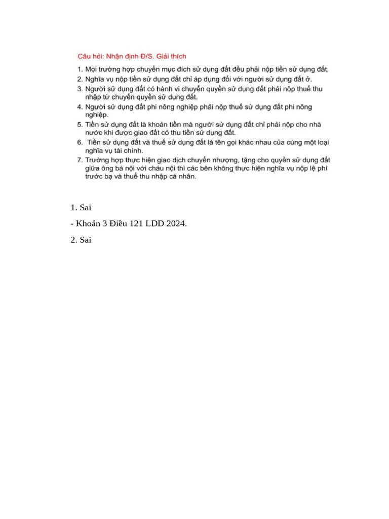1. Sai - Khoản 3 Điều 121 LDD 2024. 2. Sai | PDF
