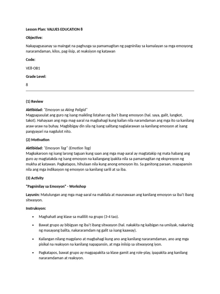 Lesson Plan Esp 8 Outline q1 Wk1 | PDF