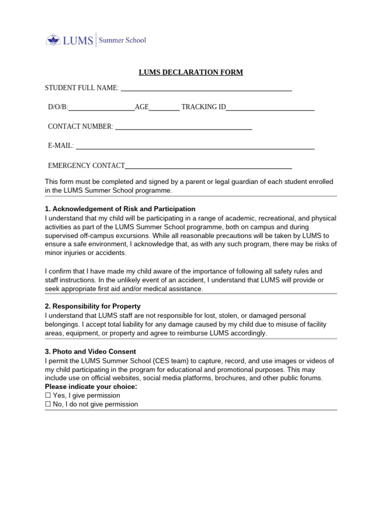 LUMS Summer School Declaration Form | PDF | Allergy