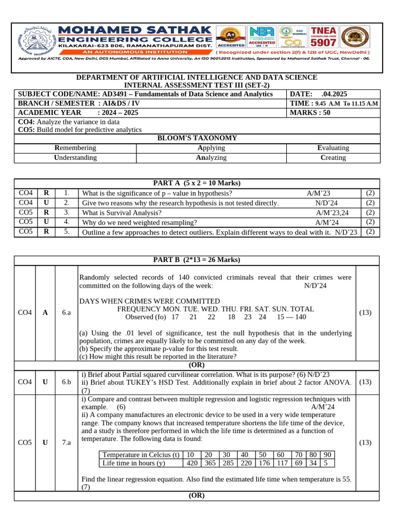 AD3491-FDSA IAT - 3 Question 2 | PDF | Regression Analysis | Linear ...