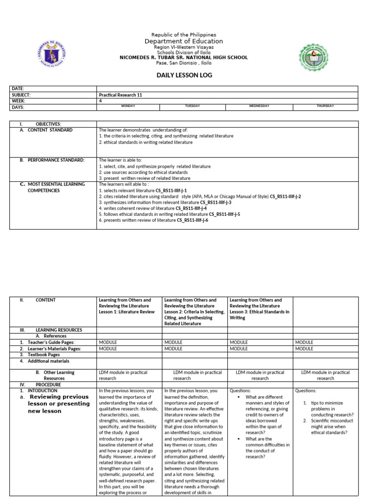 DAILY LESSON LOG PR1 - Week 4-1 | PDF | Apa Style | Thesis