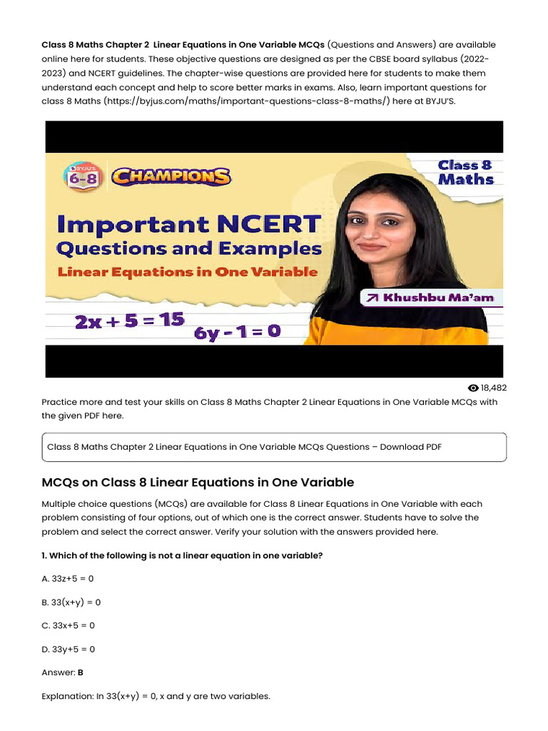 Maths Class 8 Maths Chapter 2 Linear Equations in One Variable Mcqs ...