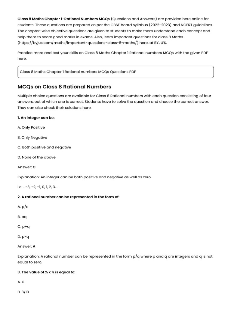 Maths Class 8 Maths Chapter 1 Rational Numbers Mcqs | PDF | Multiplication | Multiple Choice