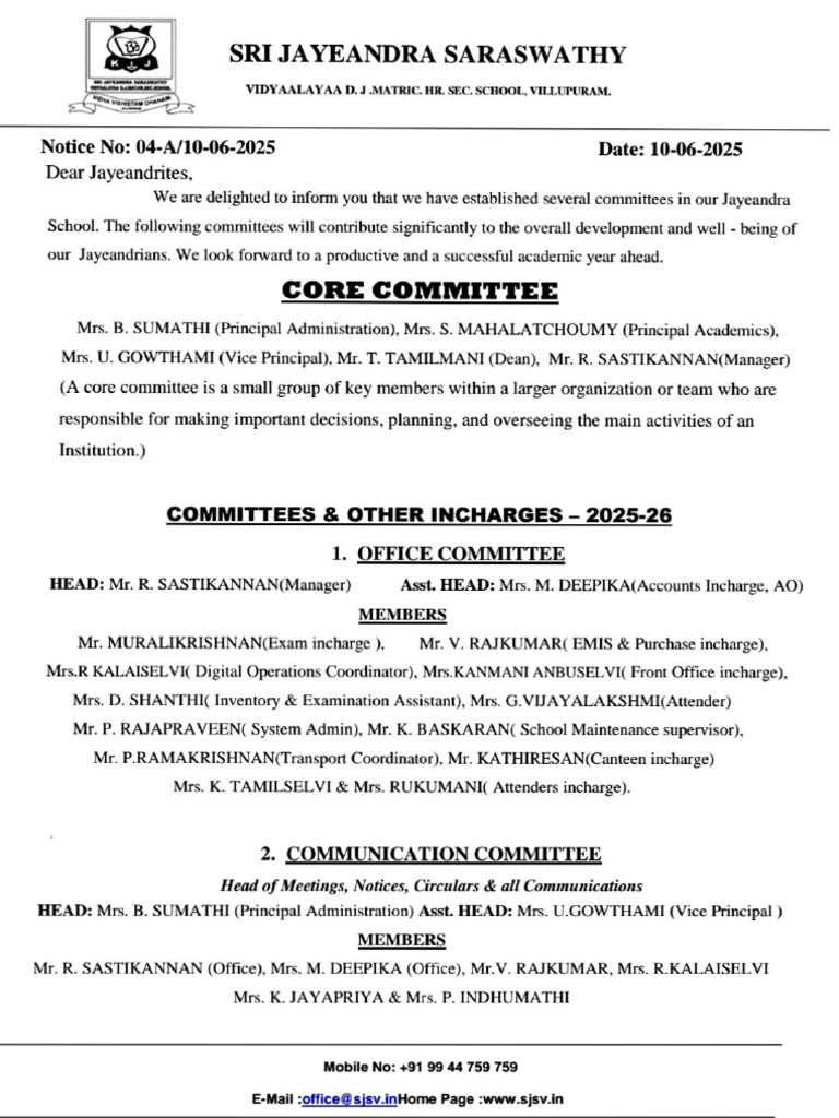 Committees & Other Incharges - 2025-2026 | PDF