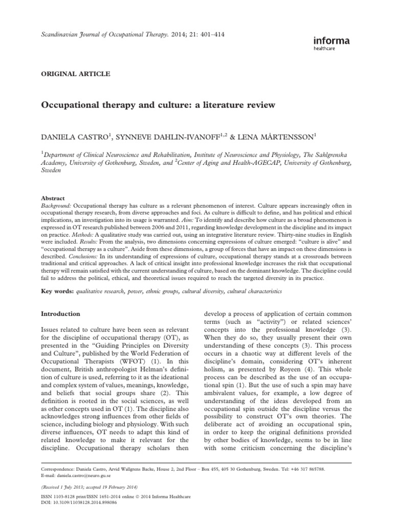 Occupational Therapy and Culture A Literature Revi | PDF | Occupational Therapy | Knowledge