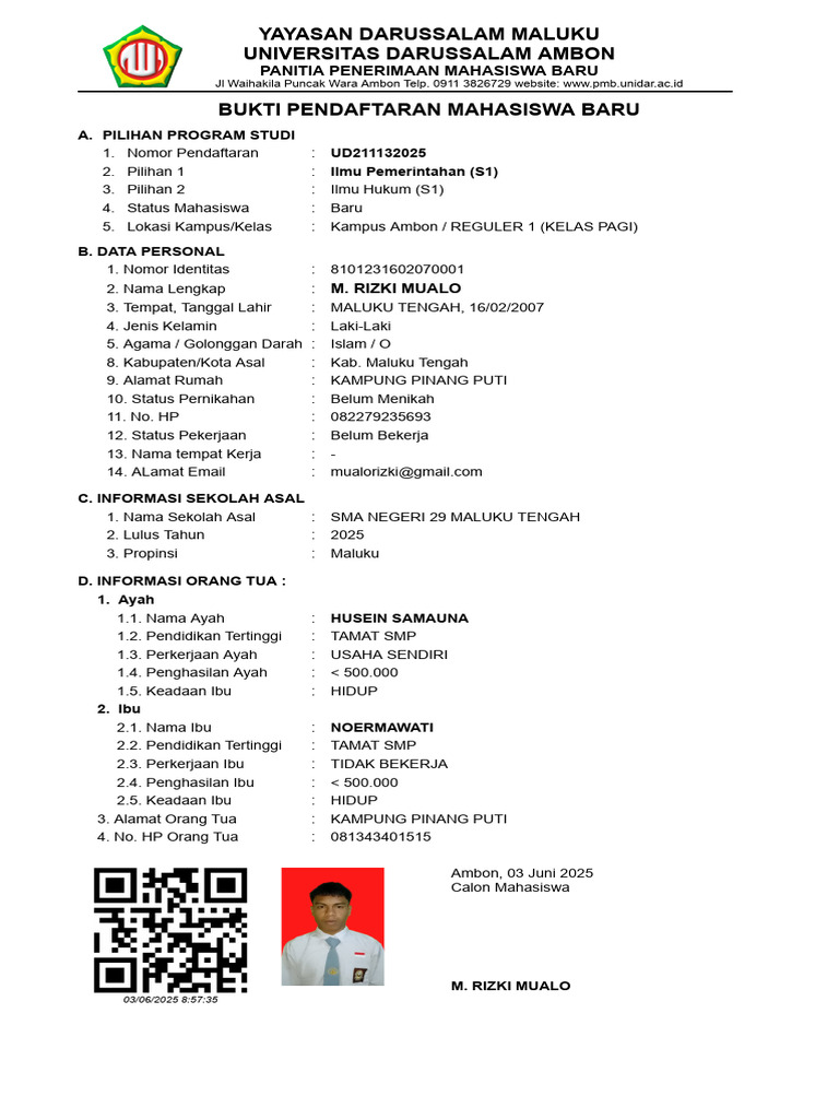Bukti Pendaftaran - Ud211132025 - M. Rizki Mualo | PDF