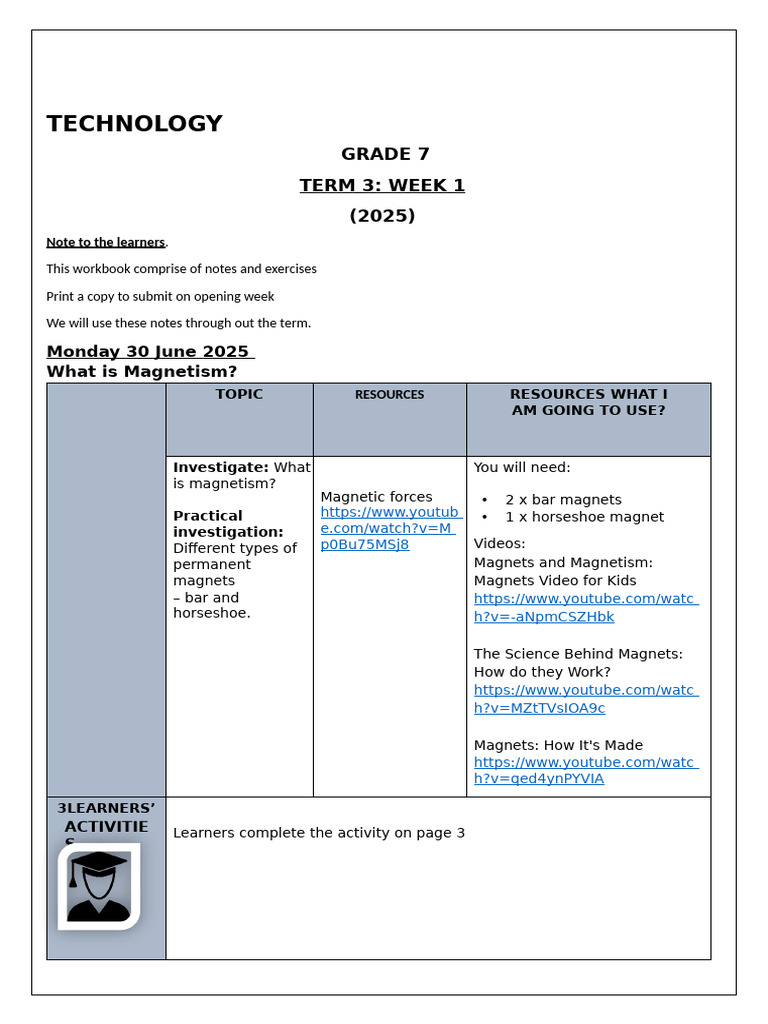 Technology Grade 7 Workbook | PDF | Magnet | Magnetism