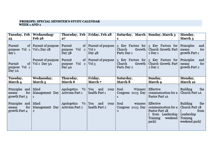 Ministers Study Calendar First 2 Weeks | PDF