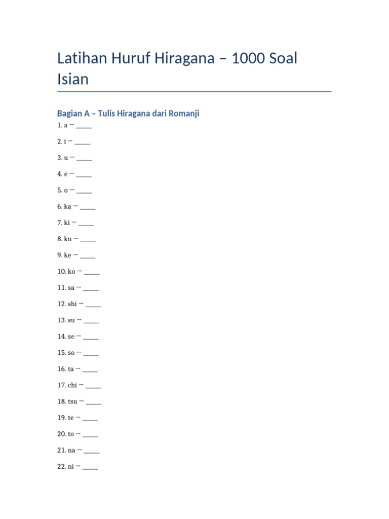 Latihan Huruf Hiragana 1000 Soal Isian Fix | PDF