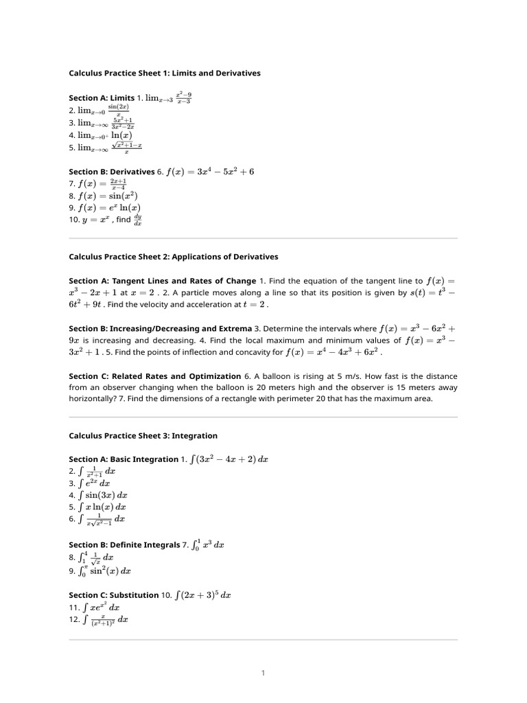 Calculus Practice Sheets | PDF | Integral | Calculus