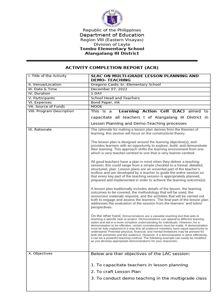 Activity Completion Report On Lessonh Planning | PDF | Lesson Plan ...