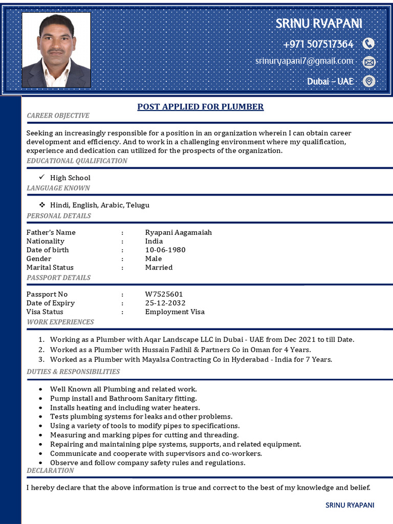 Srinu Ryapani - Plumber | PDF