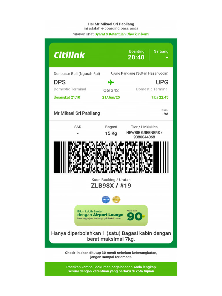 Citilink eBoardingPass ZLB98X | PDF