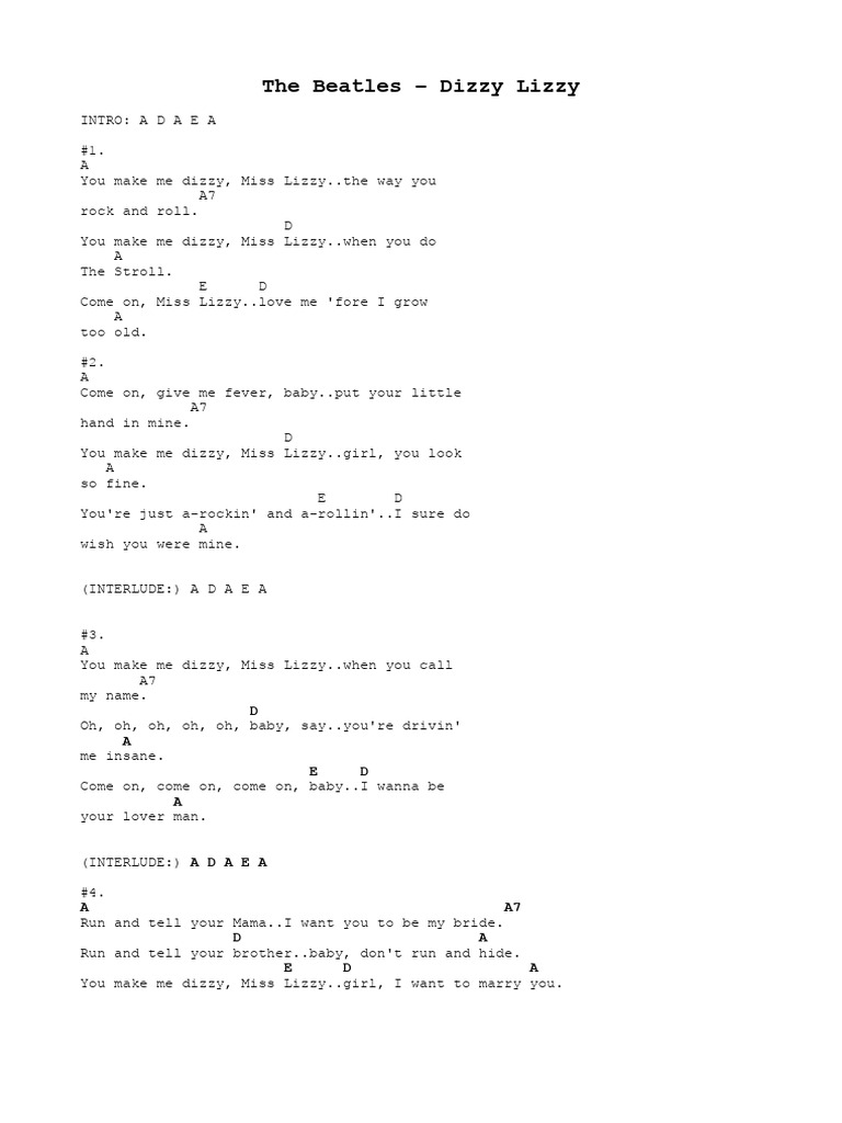 The Beatles - Dizzy Lizzy (Chords) | PDF