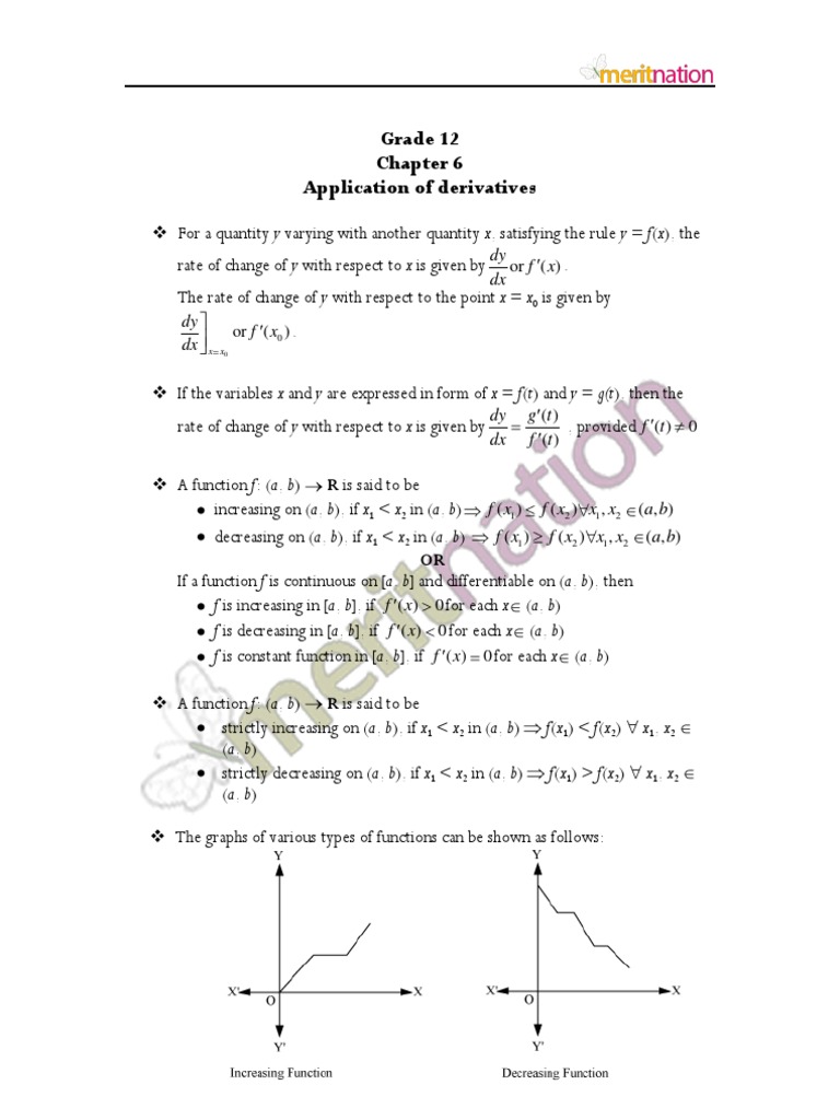 Grade 12 Application of Derivatives: Dy FX DX | PDF | Maxima And Minima ...