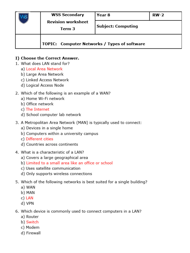 Y8 T3 Revision Worksheet 2 Ans | PDF | Computer Network | Data Compression