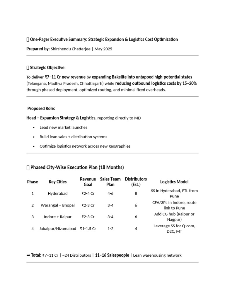 One Pager Executive Summary To MD | PDF | Logistics | Service Industries