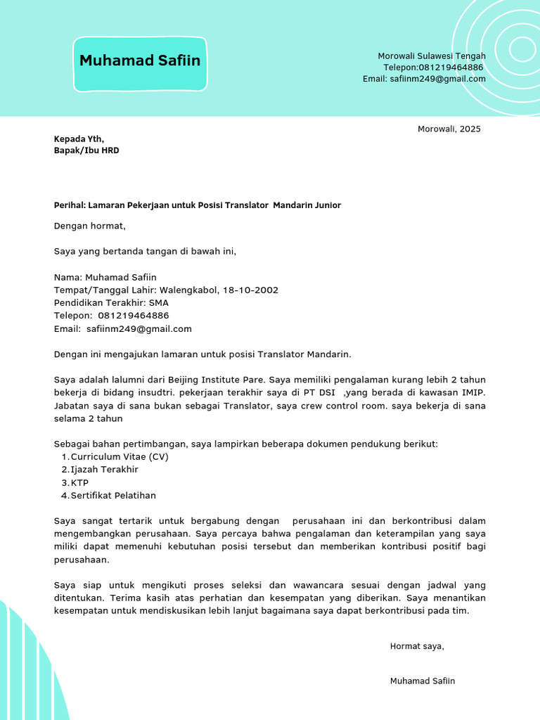 Surat Lamaran Kerja Muhamad Safiin | PDF