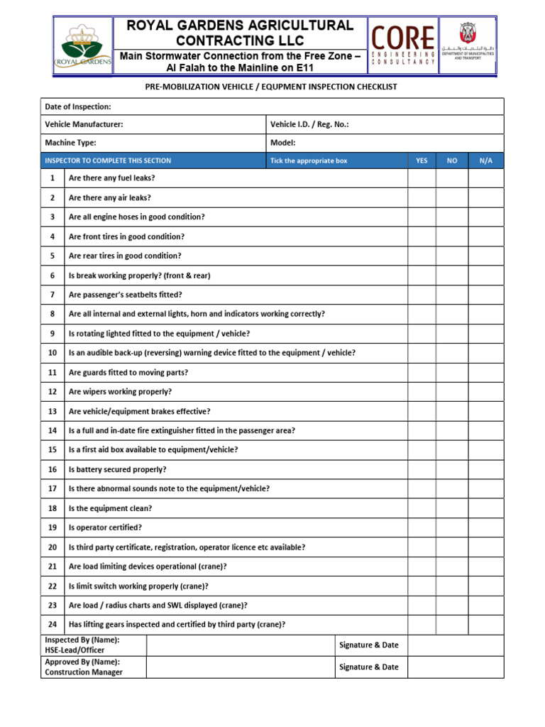 Pre-Mobilization Vehicle Checklist | PDF