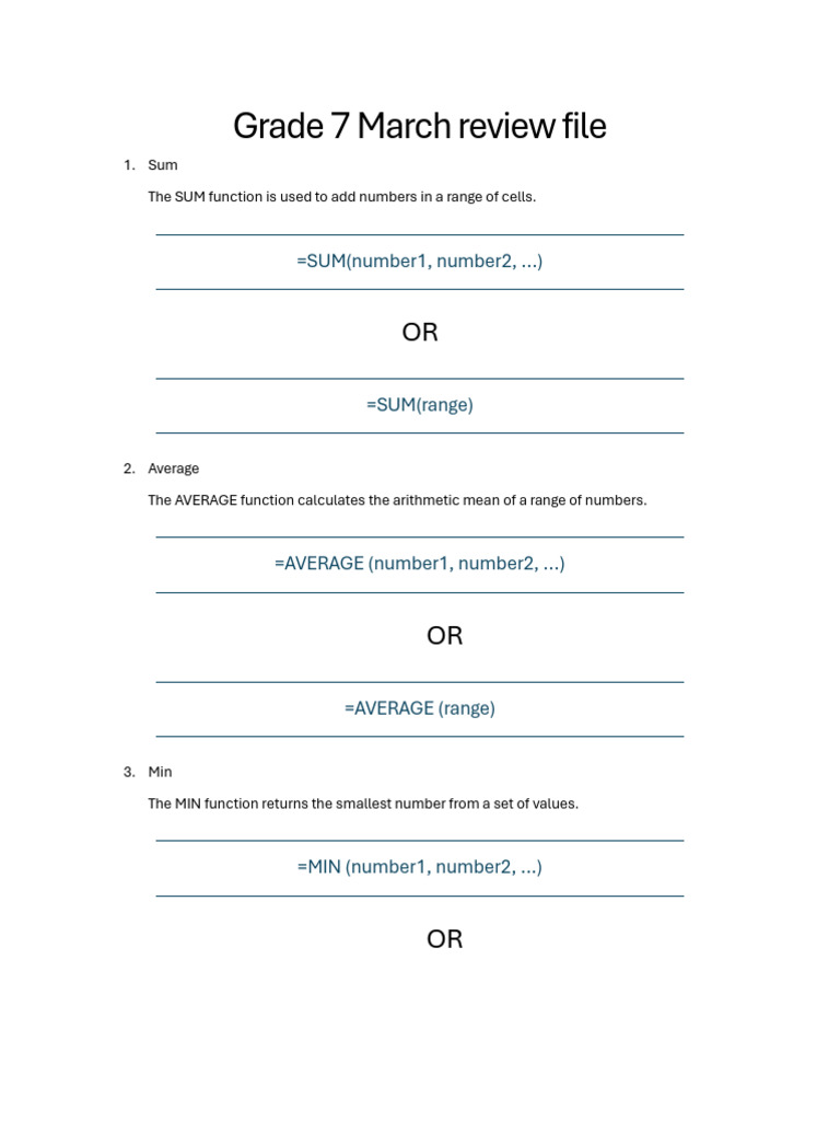 Grade 7 Excel Functions Review Guide | PDF