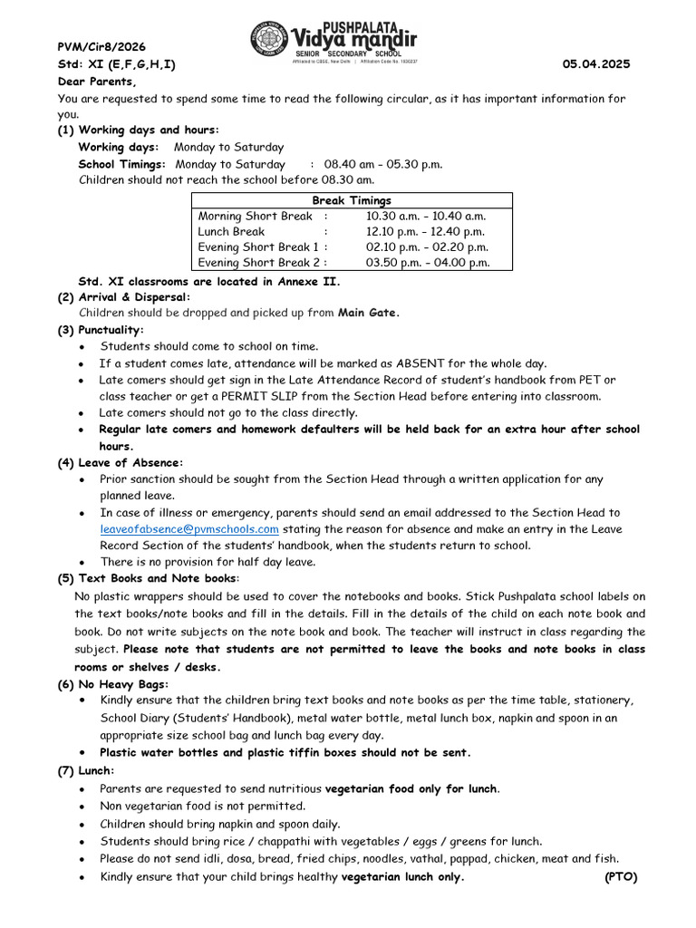 Cir. 8 Std. Xi E, F, G, H, I Important Instructions | PDF | Foods | Lunch