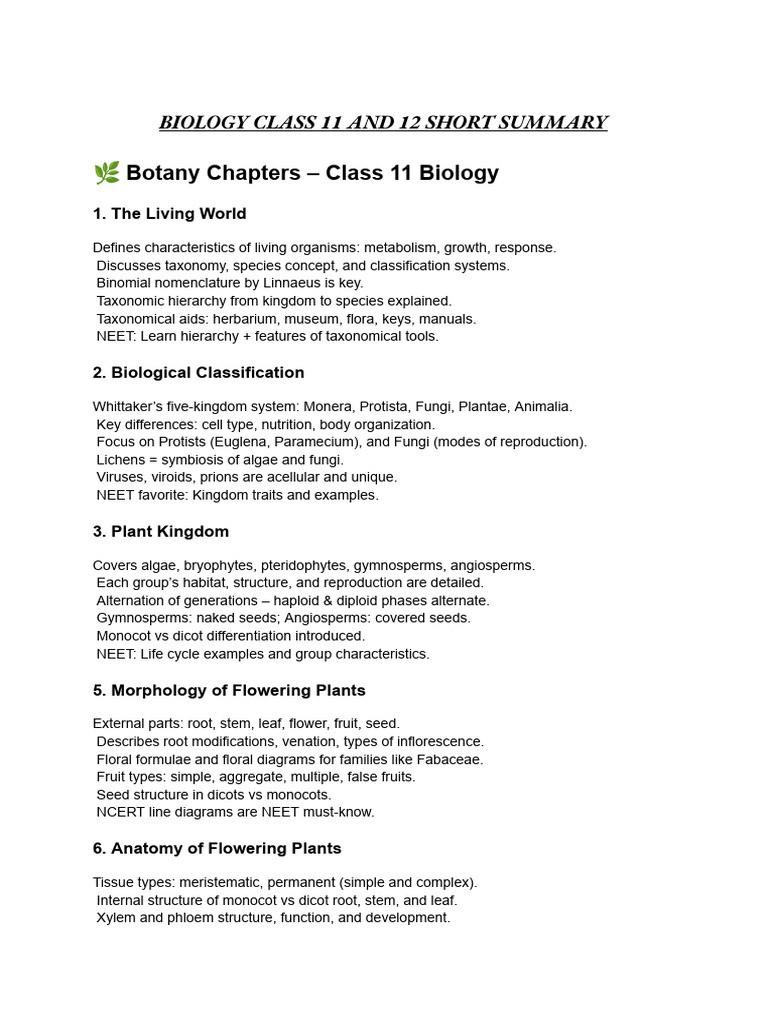 Class 11-12 Biology Chapter Summaries | PDF | Sexual Reproduction | Meiosis
