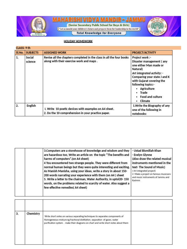 Holidays Homework 9th a&B | PDF