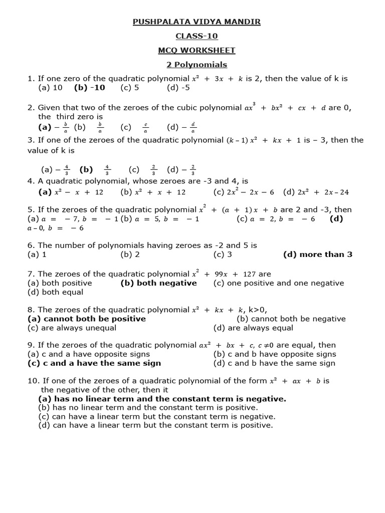 STD X - Polynomials MCQ | PDF | Quadratic Equation | Zero Of A Function