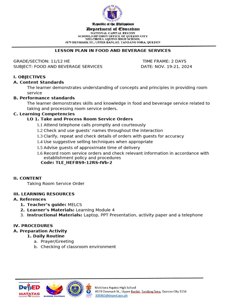 Semi-Detailed Lesson Plan in Food and Beverage Services Week 3 November ...