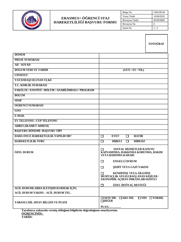 Yeni - Ogrenci Staj Hareketliligi Basvuru Formu 1 | PDF