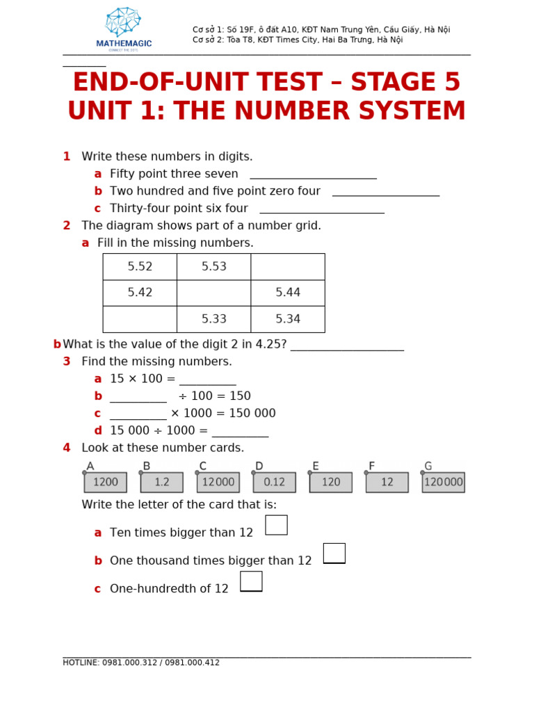 End-Of-unit Test - Stage 5 - Unit 1 | PDF | Arithmetic | Mathematics