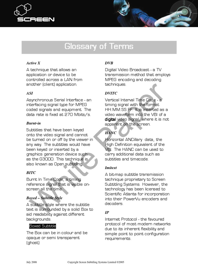 SCREEN - Glossary of Subtitling Terms | PDF | Video | Network Packet