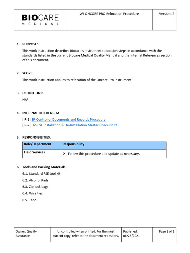 Oncore Pro Relocation Procedure v2 | PDF | Printer (Computing)