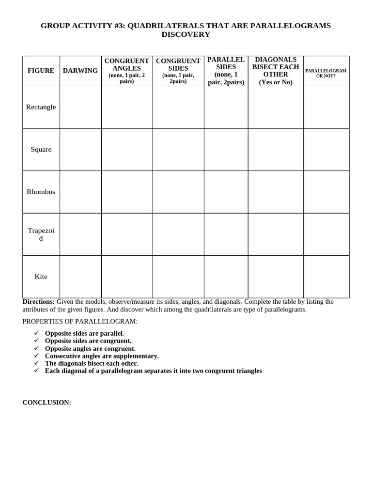ACTIVITY SHEET - Quadrilaterals That Are Parallelograms Discovery | PDF